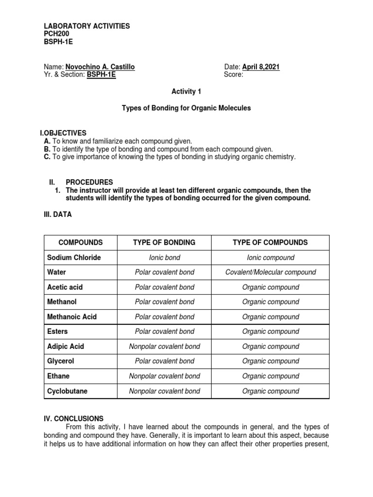 Lab. Act. 1 | PDF | Chemical Bond | Chemical Polarity