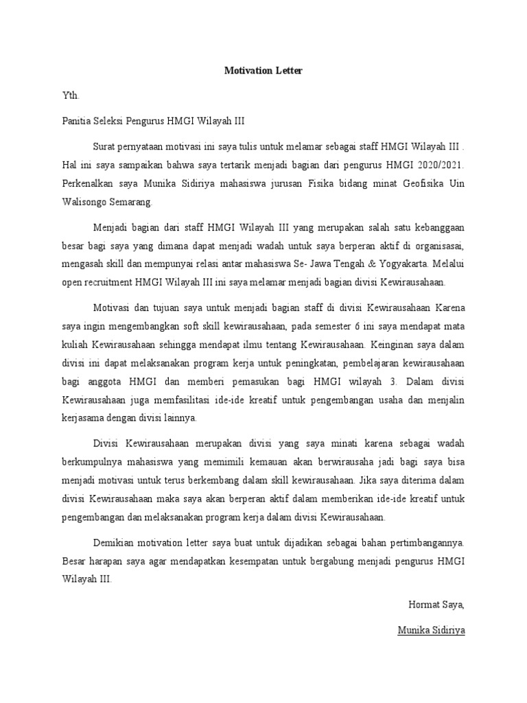 Surat Motivasi Bergabung HMGI Kewirausahaan | PDF