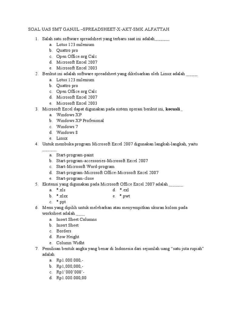 Soal Uas Ganjil Spreadsheet X Akt 2020 Covid | PDF