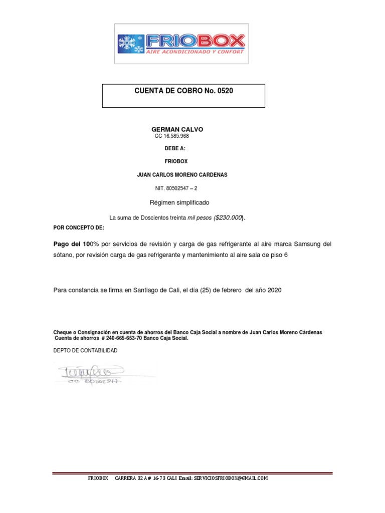 Cuenta de Cobro # 0520 GERMAN CALVO (Constructora Calisa) | PDF