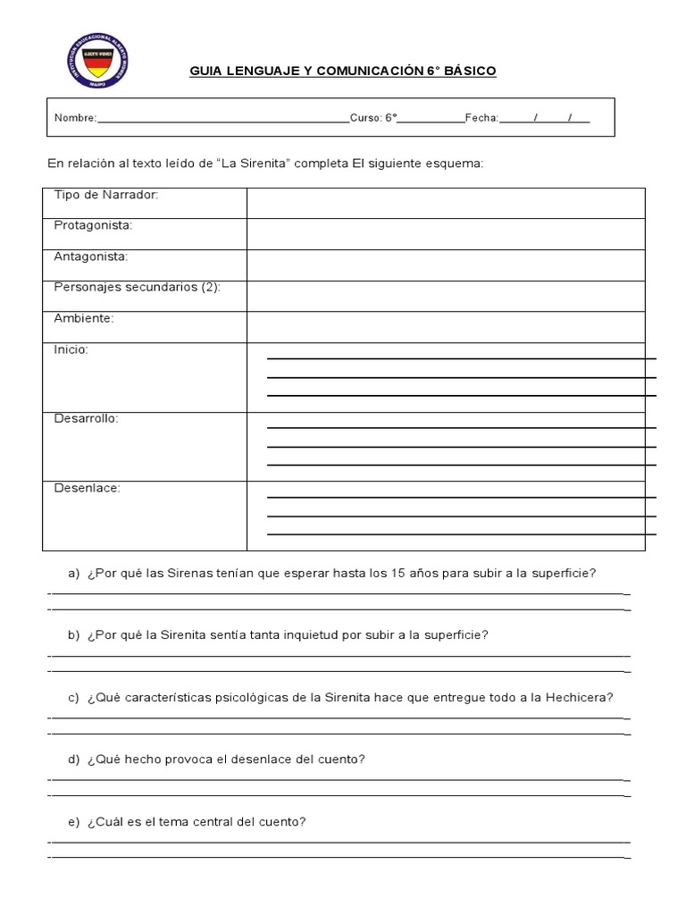 Unidad 1 N°3 Lenguaje-Guia-lectura-1-actividad La Sirenita | PDF