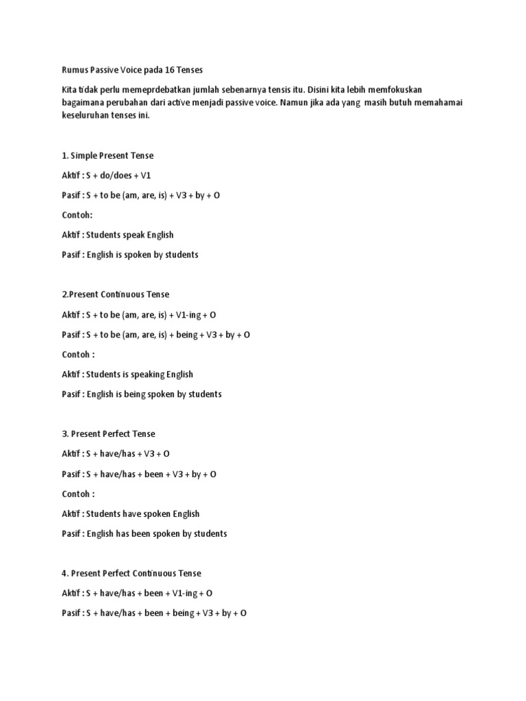 Rumus Passive Voice Pada 16 Tenses | PDF | Grammatical Tense ...
