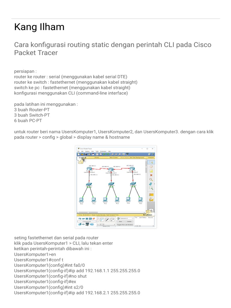 Kang Ilham - Cara Konfigurasi Routing Static Dengan Perintah CLI Pada Cisco Packet Tracer | PDF
