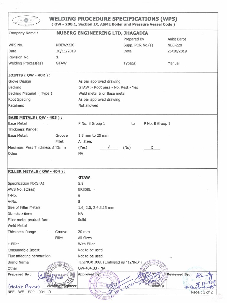 Welding Procedure Specifications (WPS) : Nuberg Engineering LTD ...