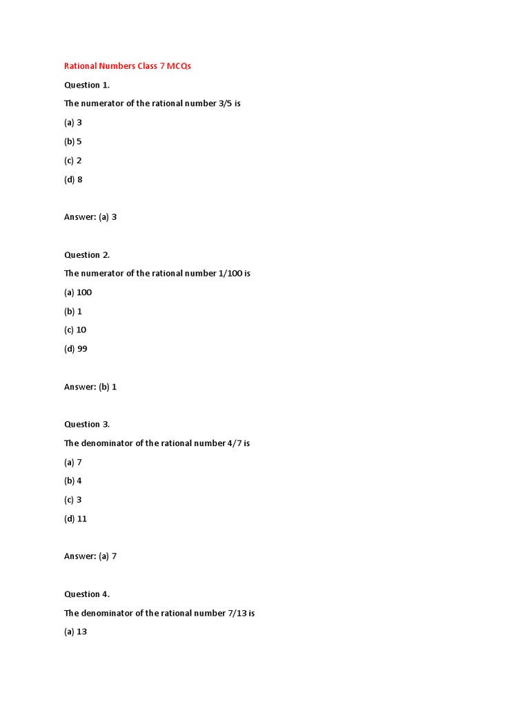 Rational Numbers Class 7 Mcqs | PDF | Rational Number | Field (Mathematics)