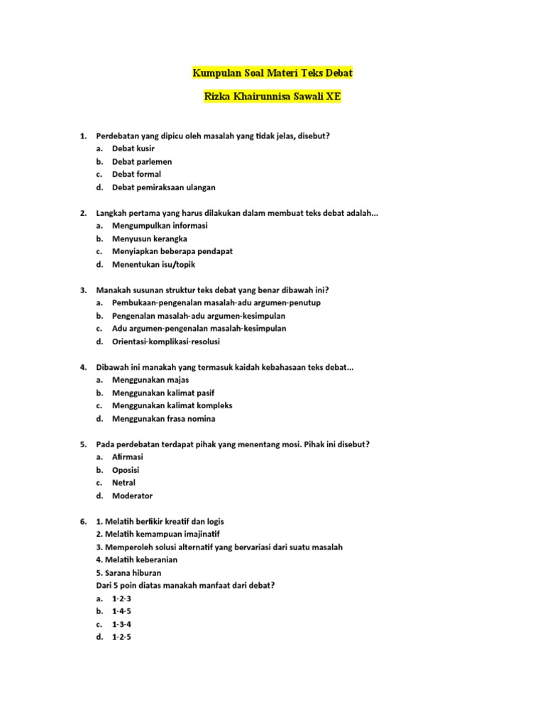 Rizka Khairunnisa Sawali (Kumpulan Soal Materi Teks Debat) | PDF
