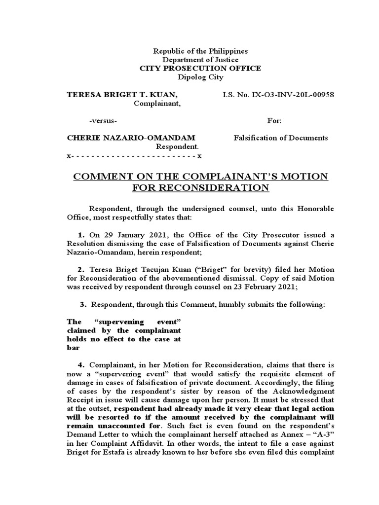 Comment On MR Sample | Download Free PDF | Lawsuit | Complaint