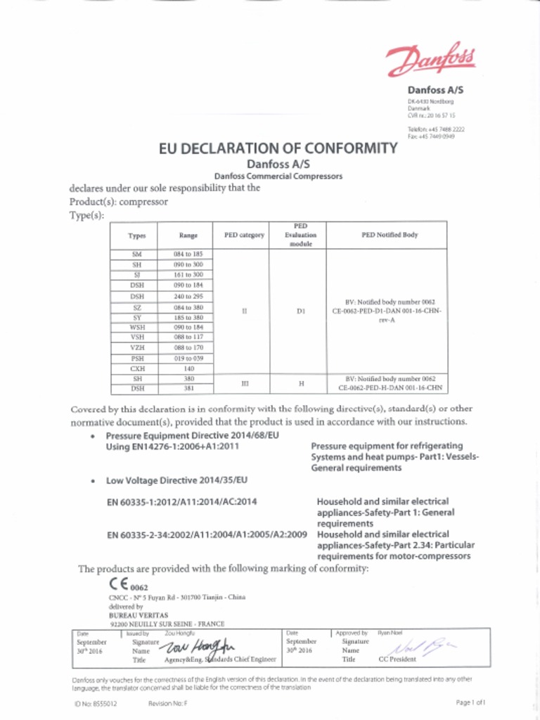 Danfoss - 8555012F-EU DECLARATION OF CONFORMITY-PED | PDF