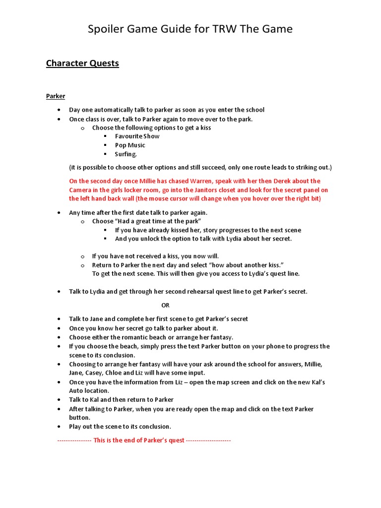 Spoiler Game Guide For TRW The Game: Character Quests | PDF | Leisure ...
