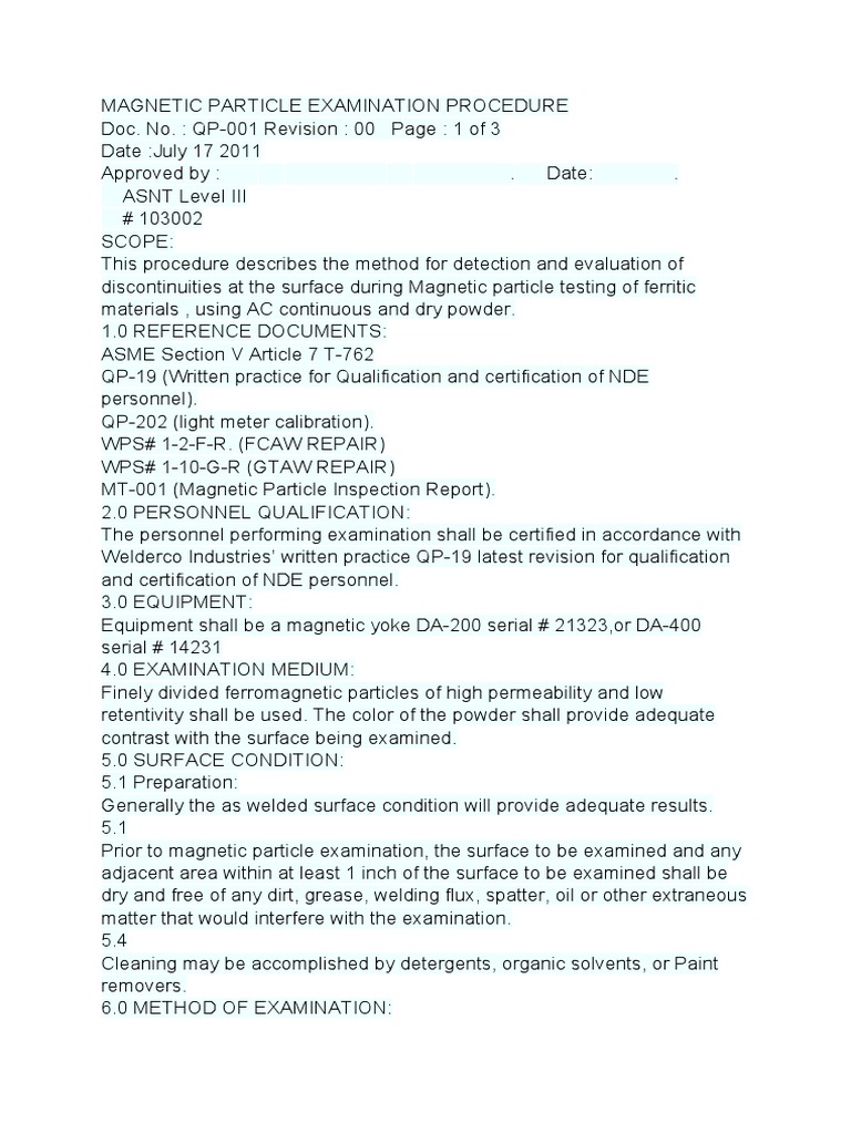 MT Procedure Asme | PDF | Nondestructive Testing | Welding