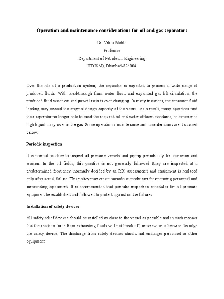 Operation and Maintenance Considerations For Oil and Gas Separators | Download Free PDF ...