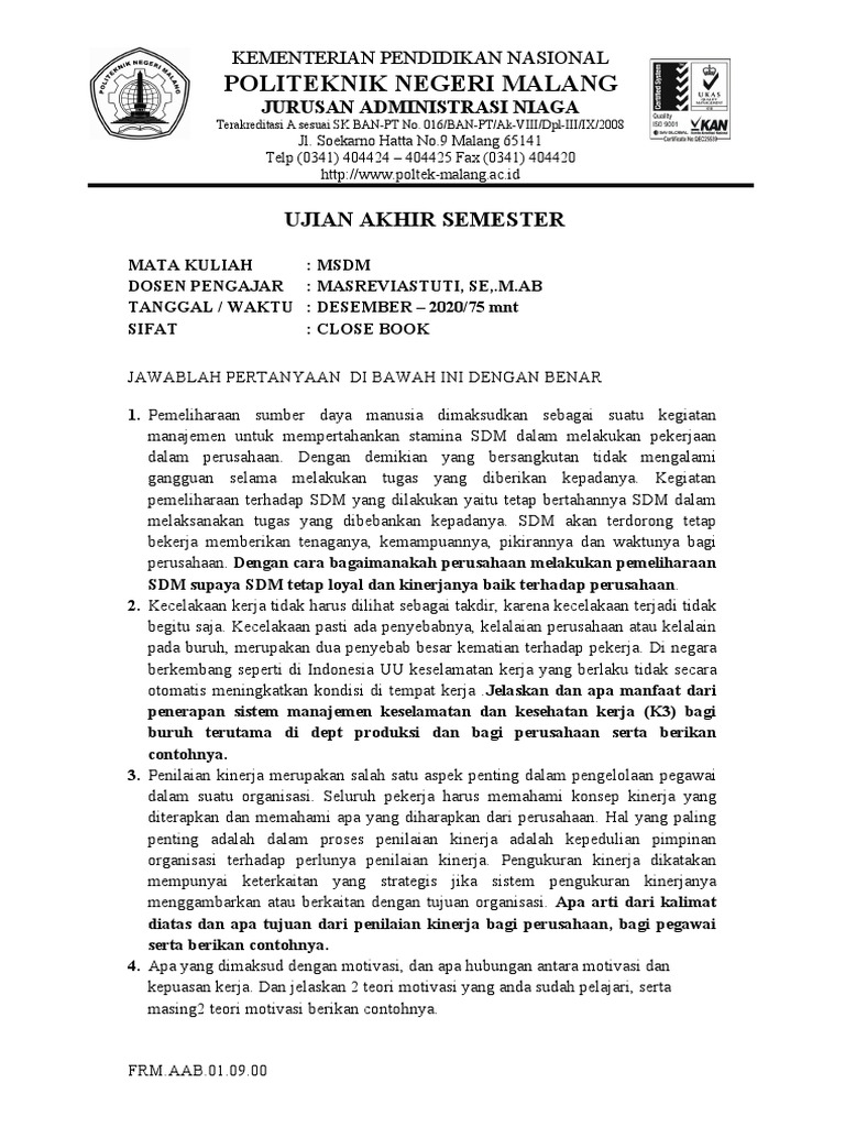 Soal Uas MSDM 2020 Masrevi | PDF
