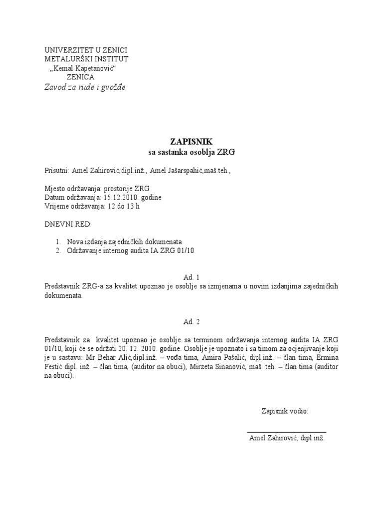 Zapisnik Sa Sastanka Osoblja 15.12.2010 | PDF