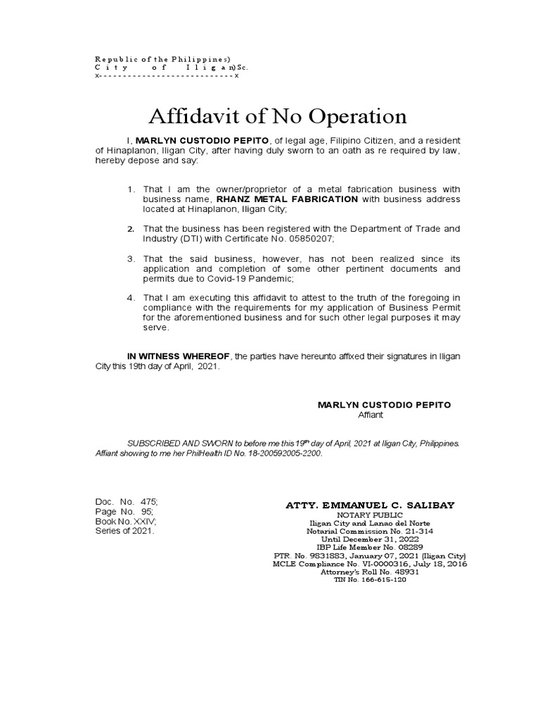 Affidavit of No Operation: IN WITNESS WHEREOF, The Parties Have ...