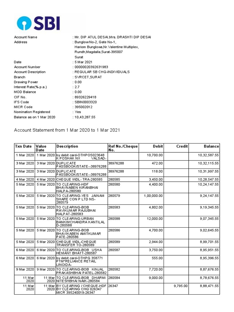 Account Statement From 1 Mar 2020 To 1 Mar 2021 Txn Date Value Date Description Ref No Cheque