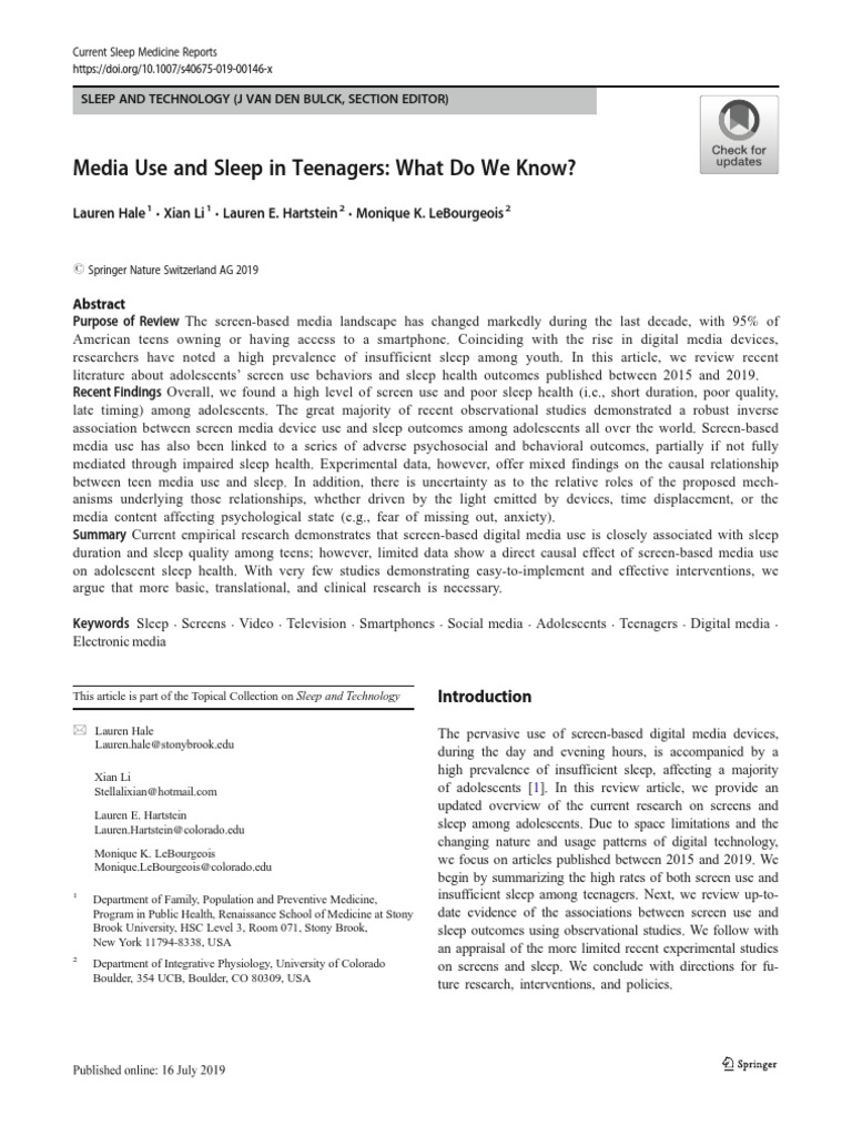 Media Use and Sleep in Teenagers What Do We Know | PDF