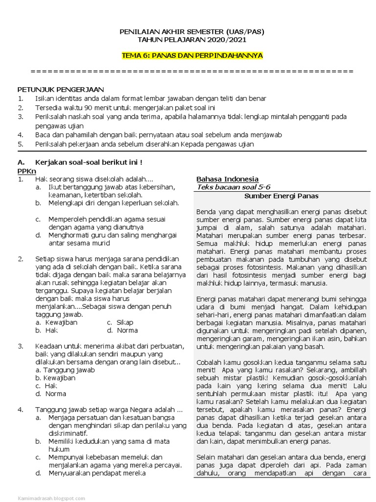 Soal Pas Kelas 5 Tema 6 - Kamimadrasah | PDF