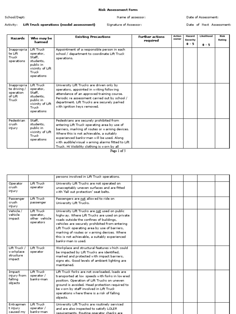 Risk Assessment Form: Page 1 of 5 | PDF | Forklift | Vehicles