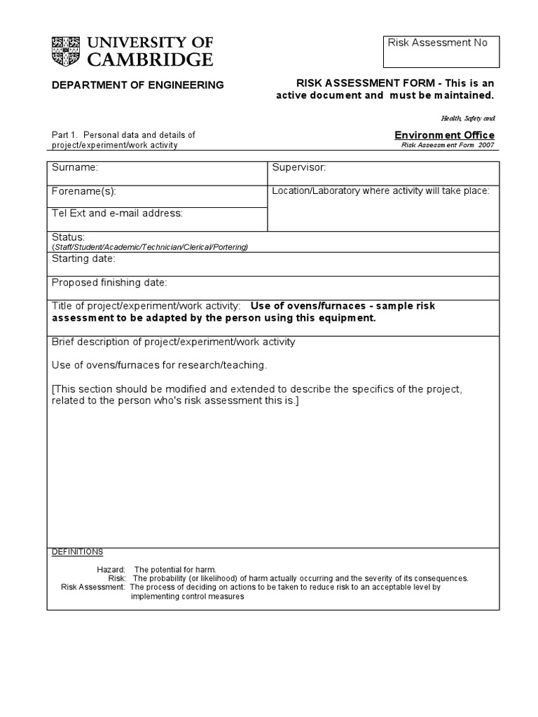 Department of Engineering Risk Assessment Form - This Is An Active ...