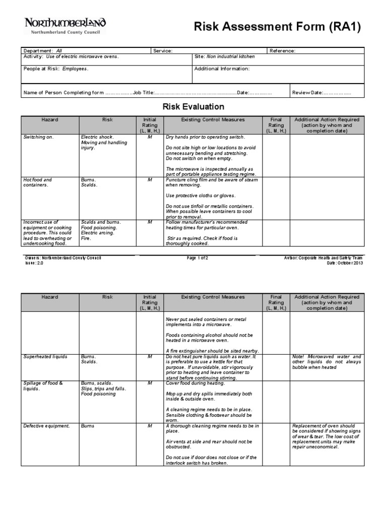 Risk Assessment Form (RA1) | PDF | Safety | Nature
