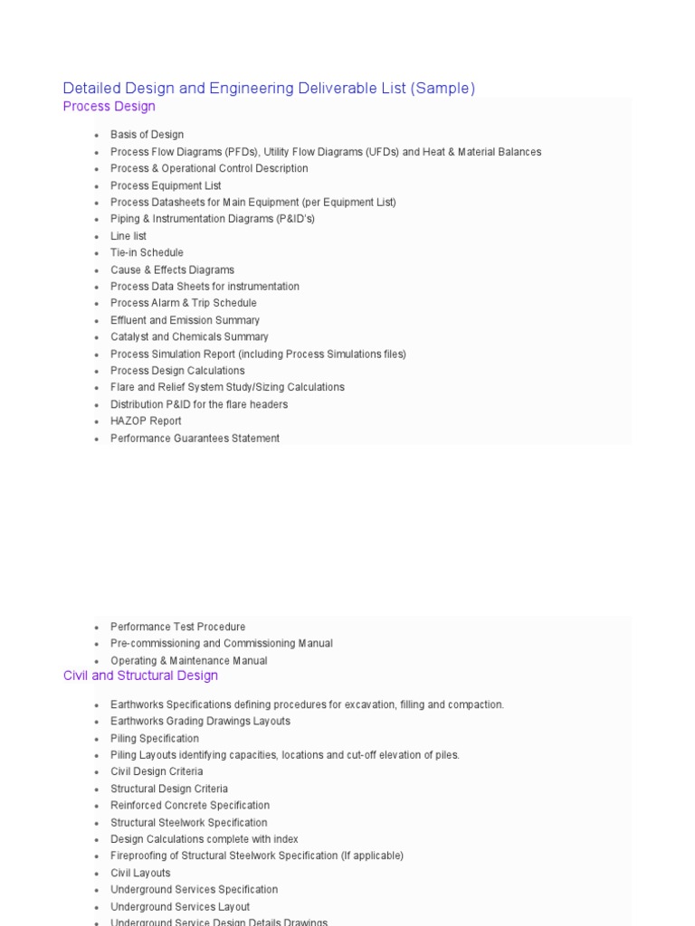 Detailed Design and Engineering Deliverable List (Sample) | Download ...