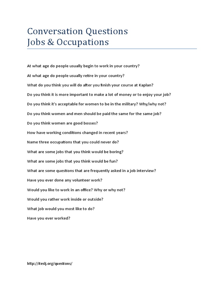 Conversation Questions Jobs & Occupations | PDF | Career & Growth ...