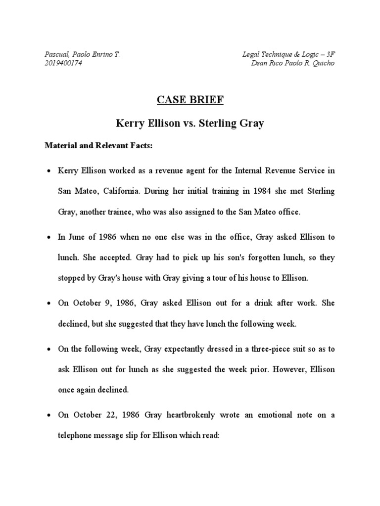 Case Brief Kerry Ellison vs. Sterling Gray: Material and Relevant Facts ...