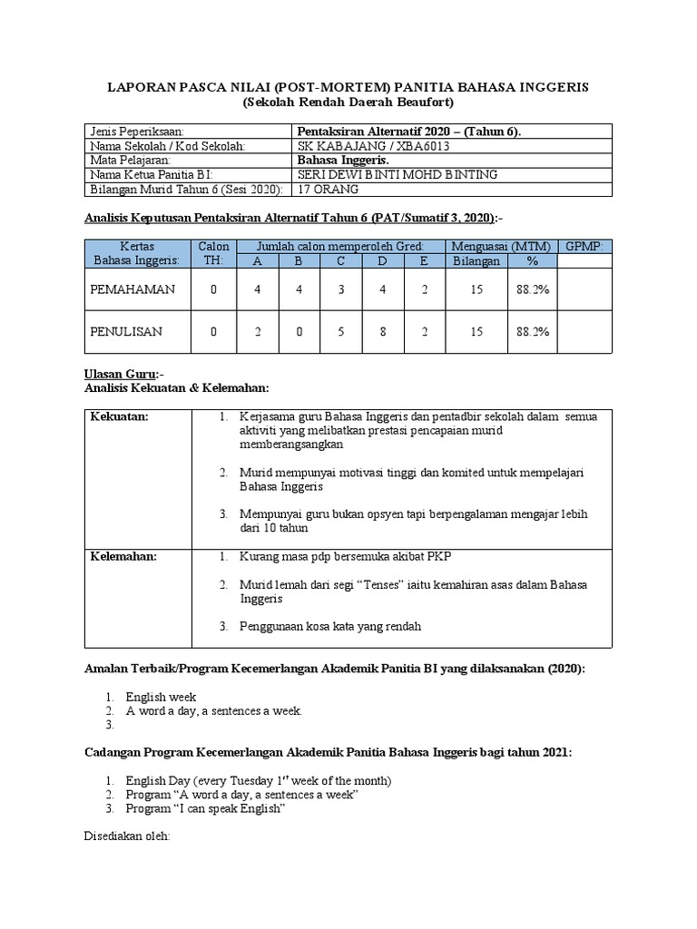Laporan Post Mortem Panitia Bahasa Inggeris SK Kabajang Bagi Tahun 2020 ...