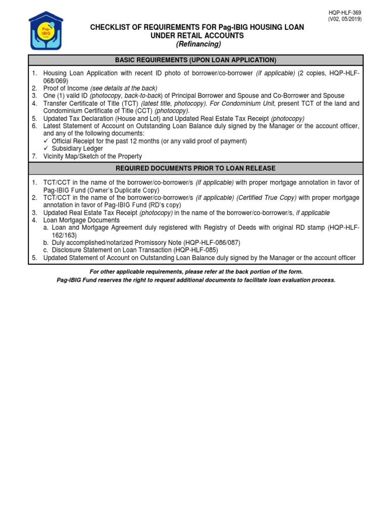 Checklist of Requirements For Pag-Ibig Housing Loan Under Retail ...