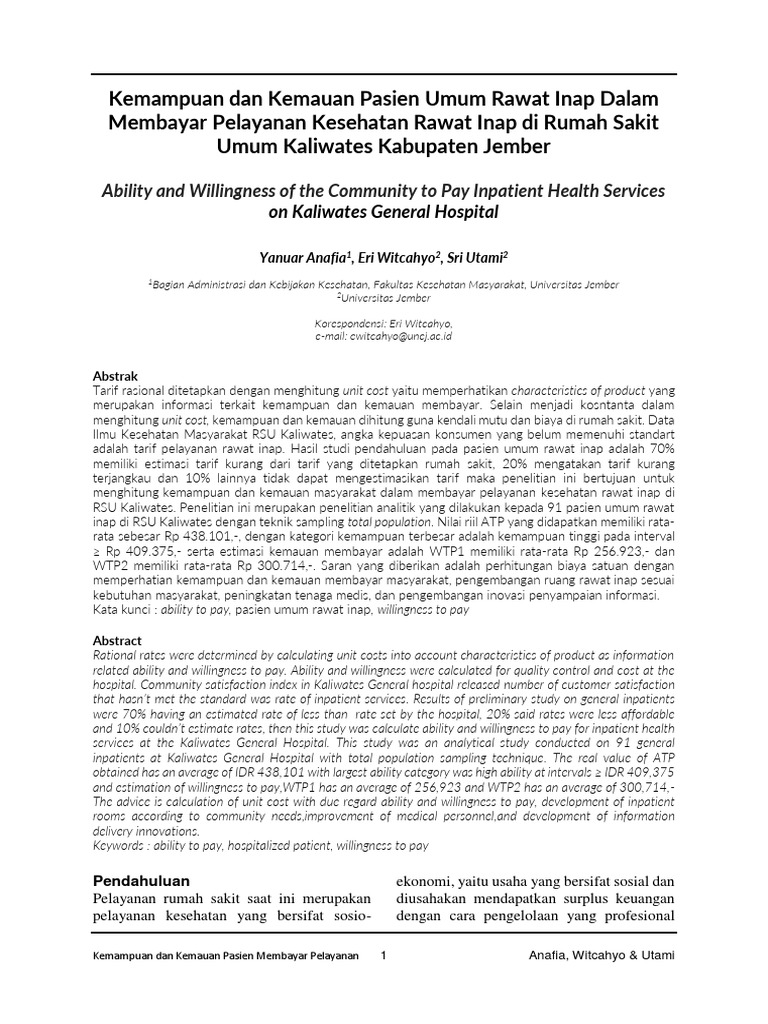 Kemampuan dan Kemauan Bayar Pasien RSU Kaliwates | PDF | Ilmu Sosial ...
