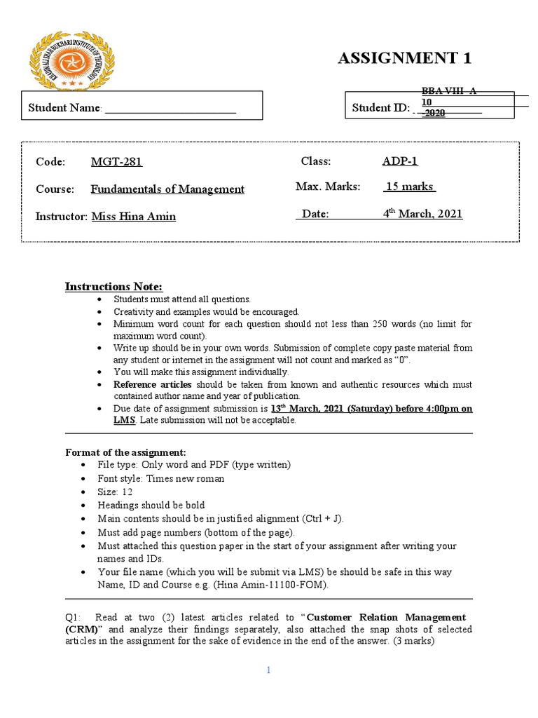 Assignment 1 Management Spring 2021 ADP | PDF | Communication | Cognition