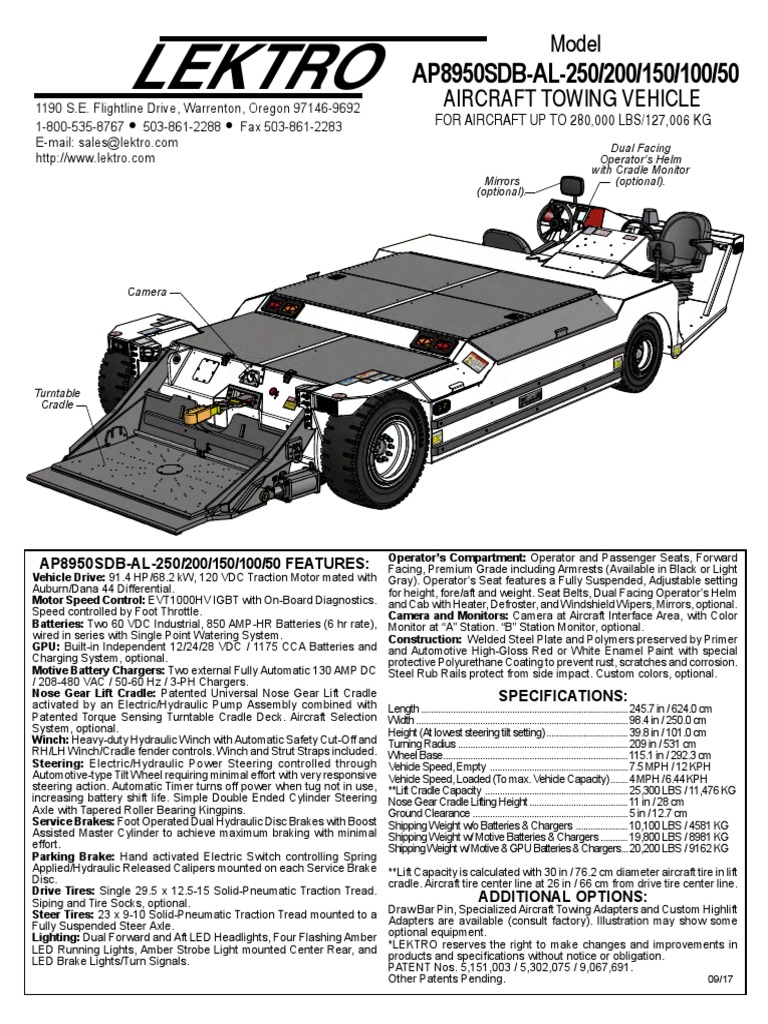 Lektro AP8950 Aircraft Towing Specs | PDF | Steering | Brake