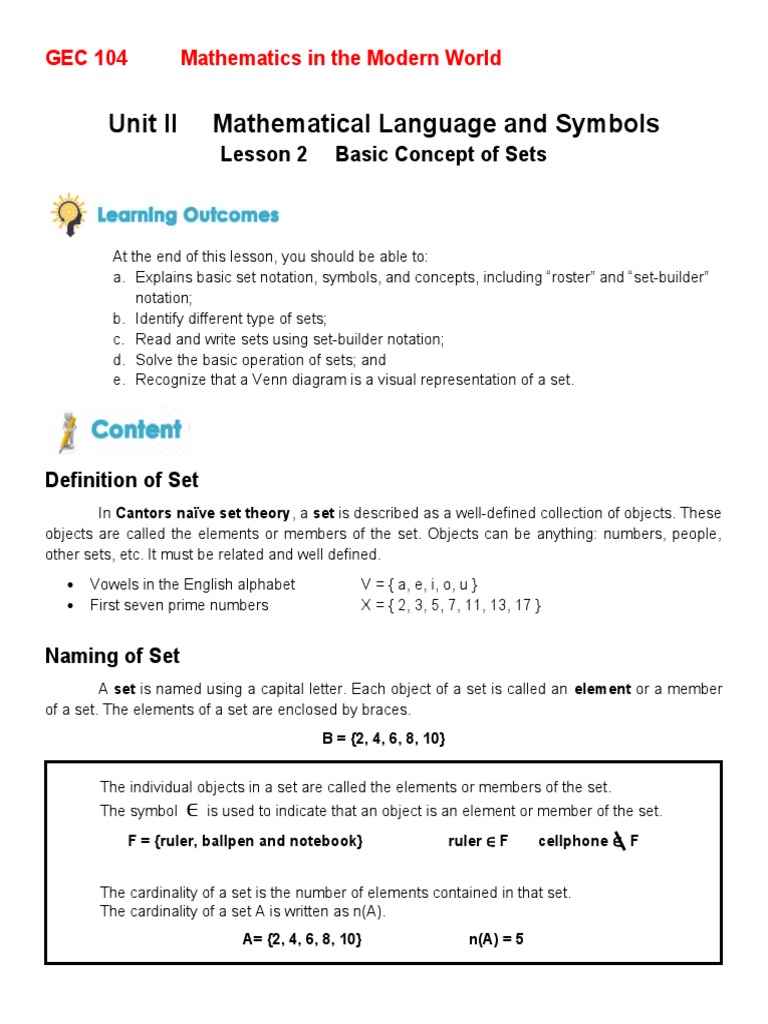 GEC 104 Week 4 - Basic Concept of Sets | PDF | Empty Set | Set ...