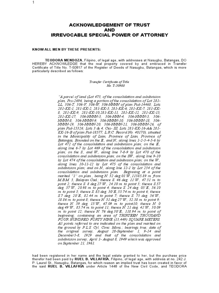 Acknowledgement of Trust AND Irrevocable Special Power of Attorney ...