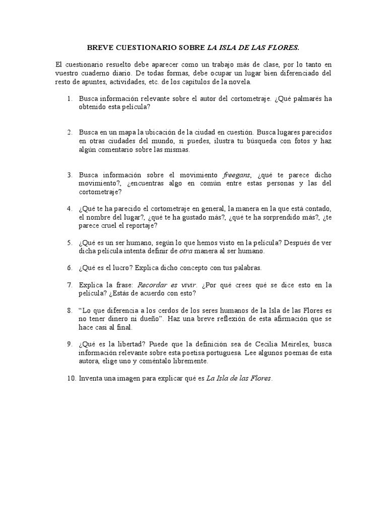 Cuestionario La Isla de Las Flores | PDF | Estudios de idiomas ...
