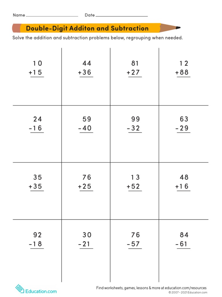 Double-Digit Additon and Subtraction: Name Date | PDF | Teaching ...