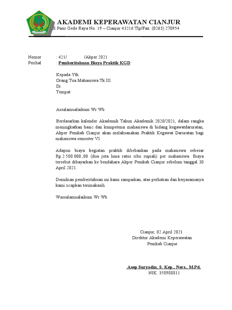 Biaya Praktik KGD Mahasiswa Akper Cianjur | PDF