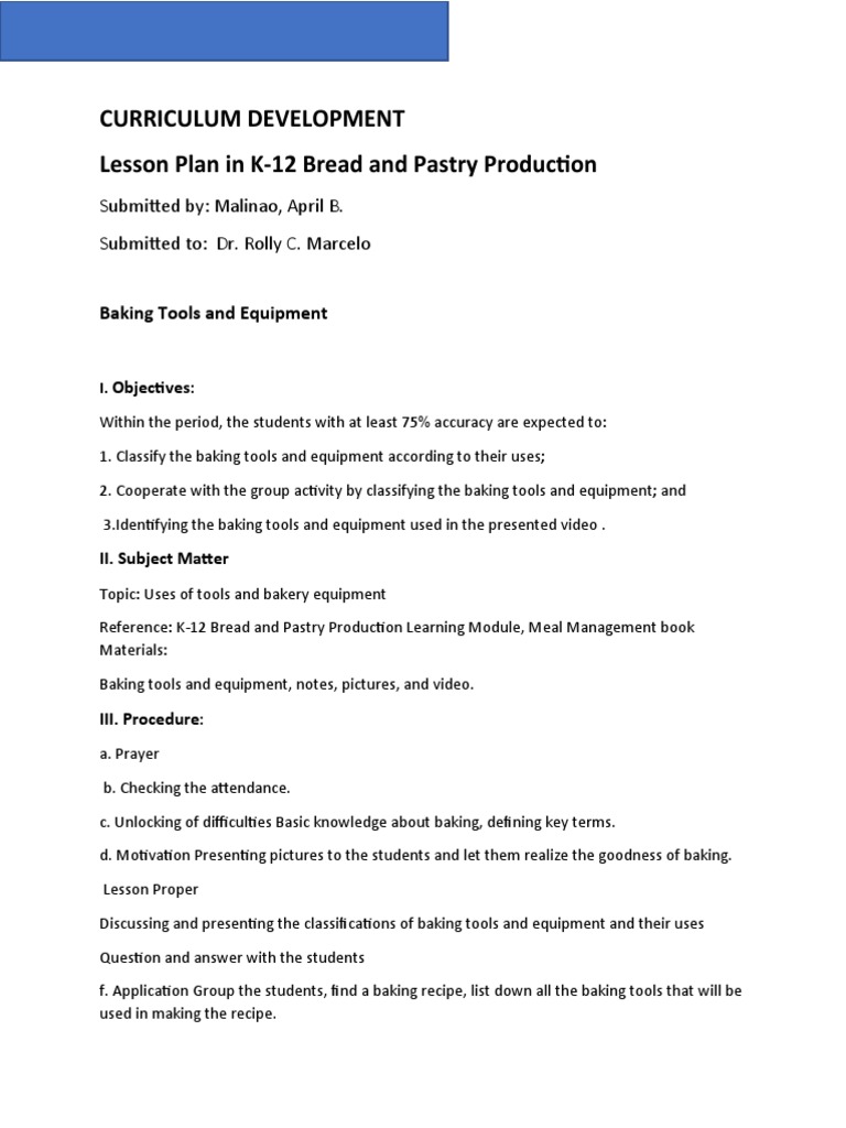 Curriculum Development Lesson Plan in K-12 Bread and Pastry Production ...