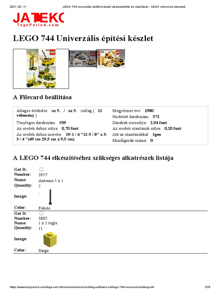 LEGO 744 Univerzális Építési Készlet Alkatrészleltár És Utasítások ...