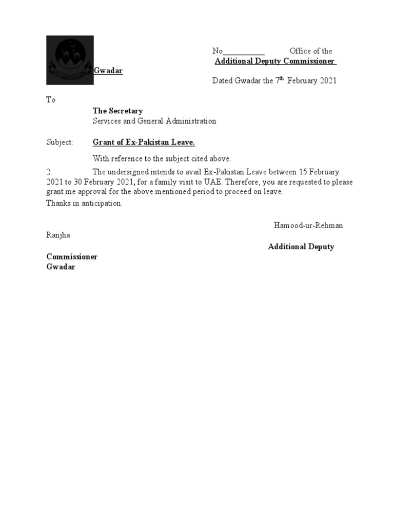 Ex-Pakistan Leave Request Letter | PDF