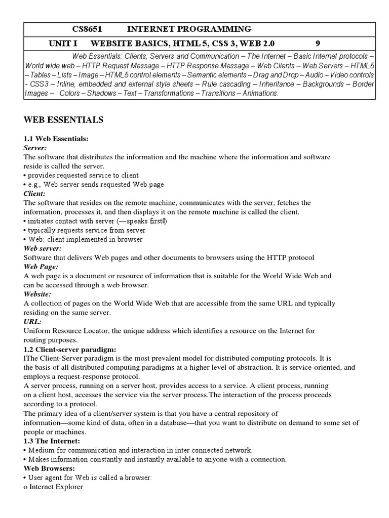 Cs8651 Internet Programming Unit I Website Basics Html 5 Css 3 Web 20 9 Pdf Hypertext