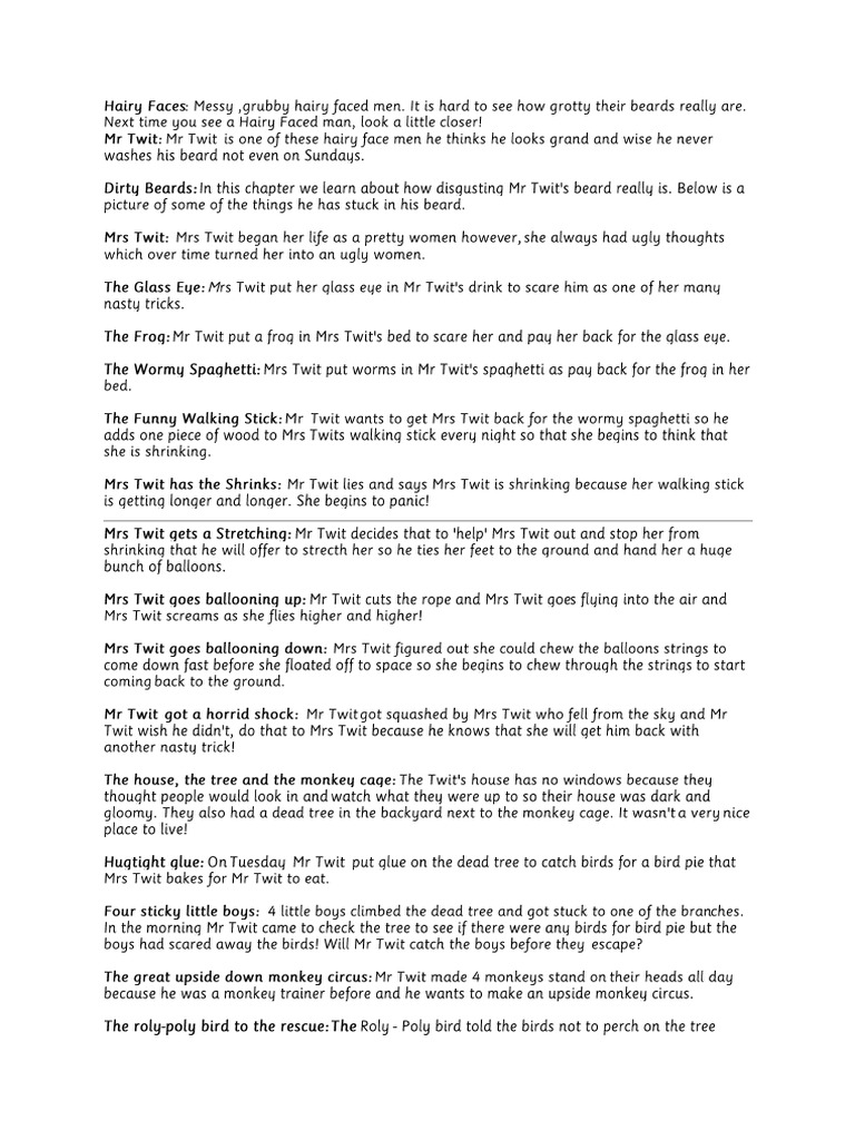 The Twits - Chapter Summaries and Chapter Titles | PDF