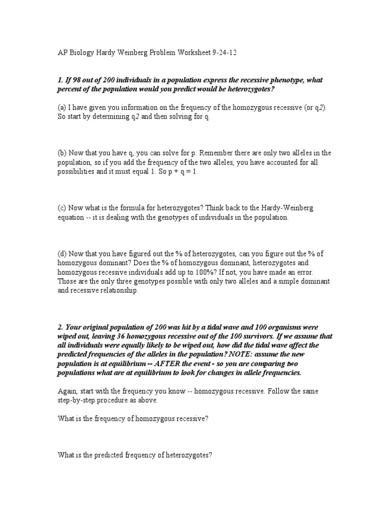 AP Biology Hardy Weinberg Problem Worksheet 9-24-12 | PDF | Zygosity ...