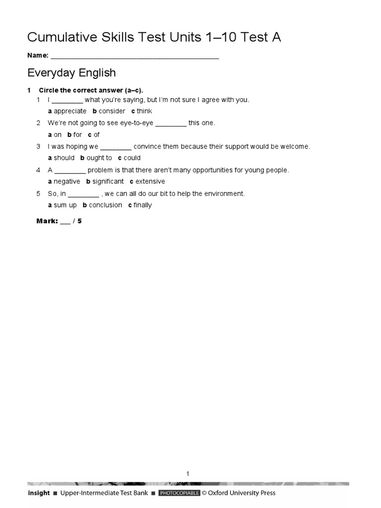 Cumulative Skills Test Upper Units 1-10 Test A | PDF | Argument | Reason