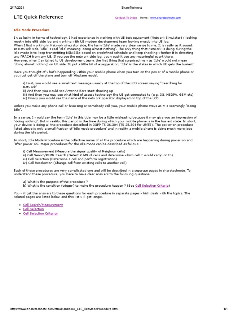 LTE Quick Reference: Idle Mode Procedure | PDF | Communication ...