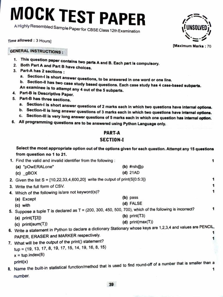Mock Test Paper - Unsolved | PDF | Computer Science | Computer Data