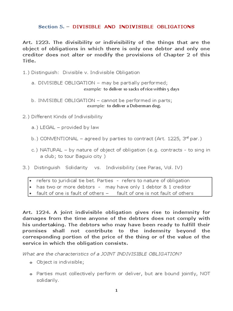 Divisible and Indivisible Obligations Explained | PDF | Guarantee | Damages