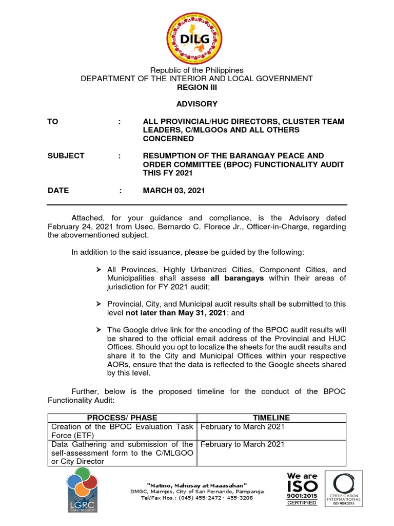 Advisory Resumption of BPOC Functionality Audit | PDF | Audit | Justice