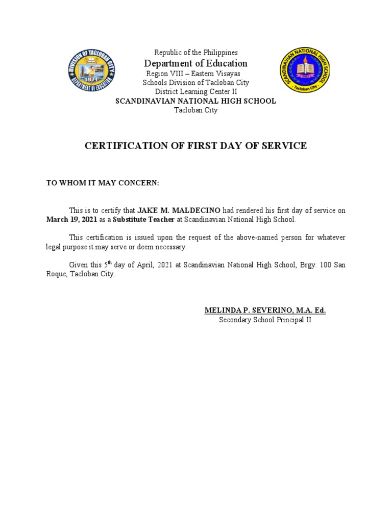 Certification of First Day of Service | PDF