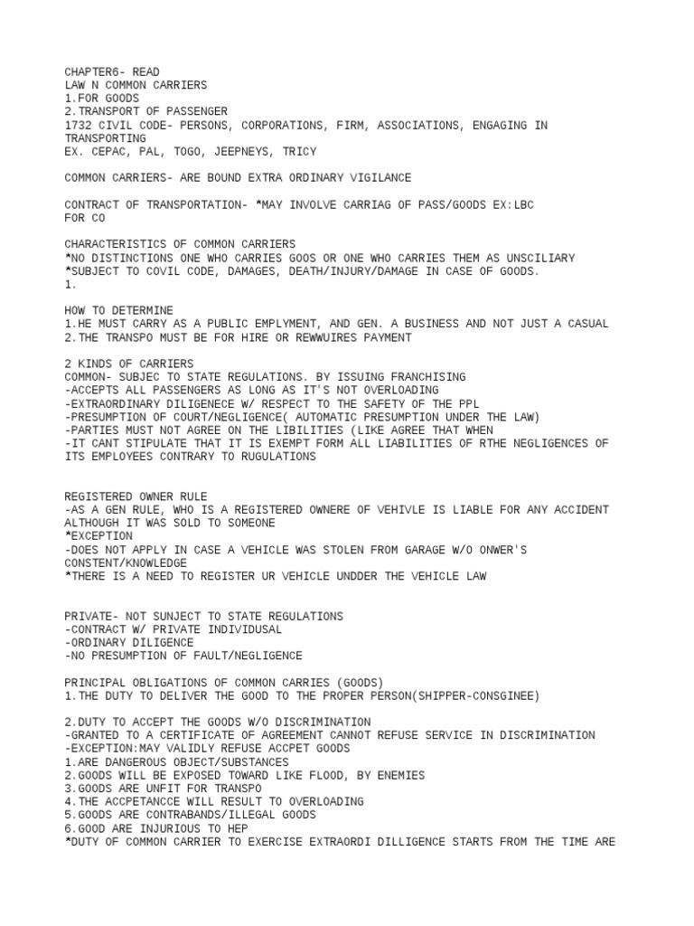 Legal Notes Obligation of Carrier | PDF | Common Carrier | Legal Liability